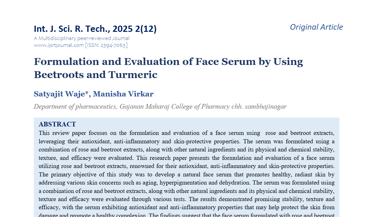 Formulation and Evaluation of Face Serum by Using Beetroots and Turmeric